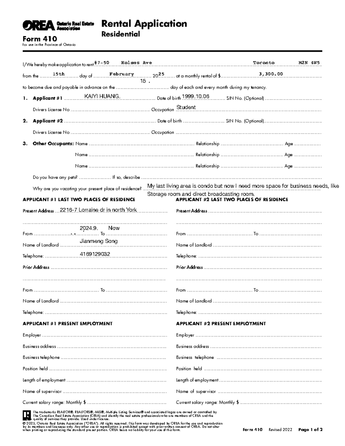 (Ontario) 410 - Rental Application - Residential - Form 410 Revised ...