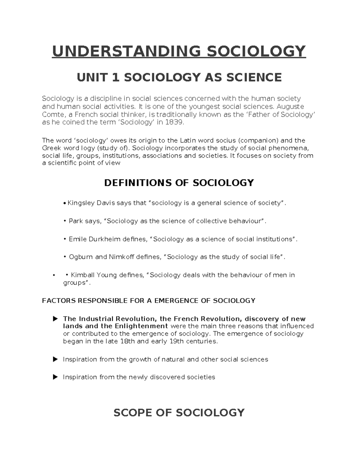 Understanding Sociology: Unit 1 - Sociology as Science - Studocu