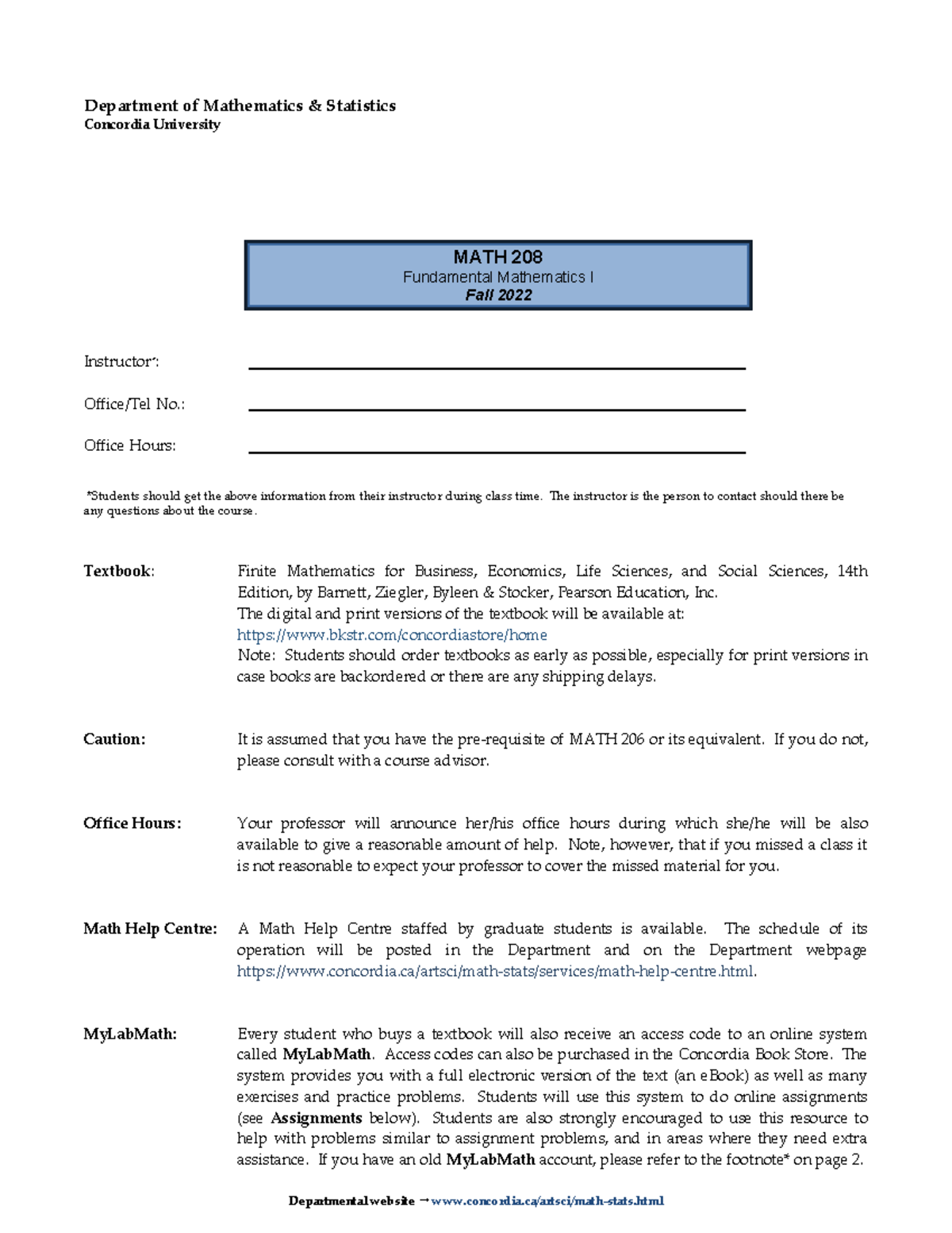 MATH208 - Outline - Departmental website concordia/artsci/math-stats ...