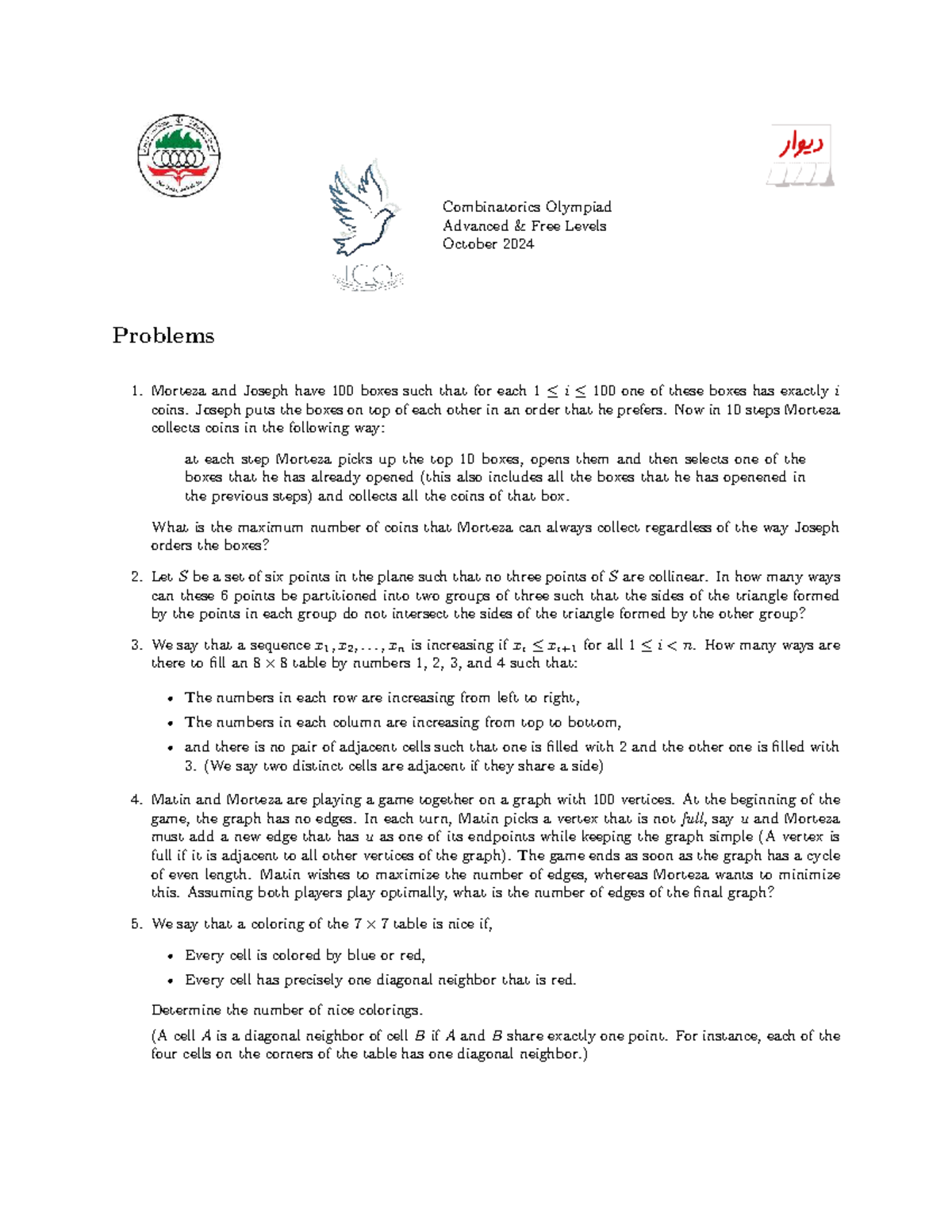 Combinatorics Olympiad Advanced Problems - October 2024 - Studocu