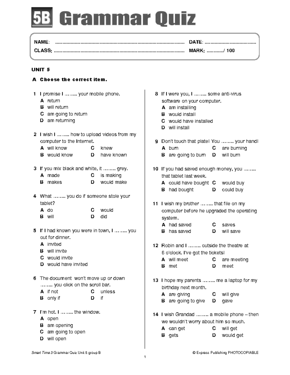 Smart Time 3 Grammar Quiz Unit 5 - Group B - Studocu