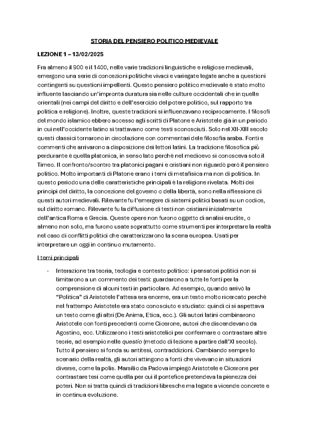 STORIA DEL PENSIERO POLITICO MEDIEVALE - LEZIONE 1-4 - Studocu