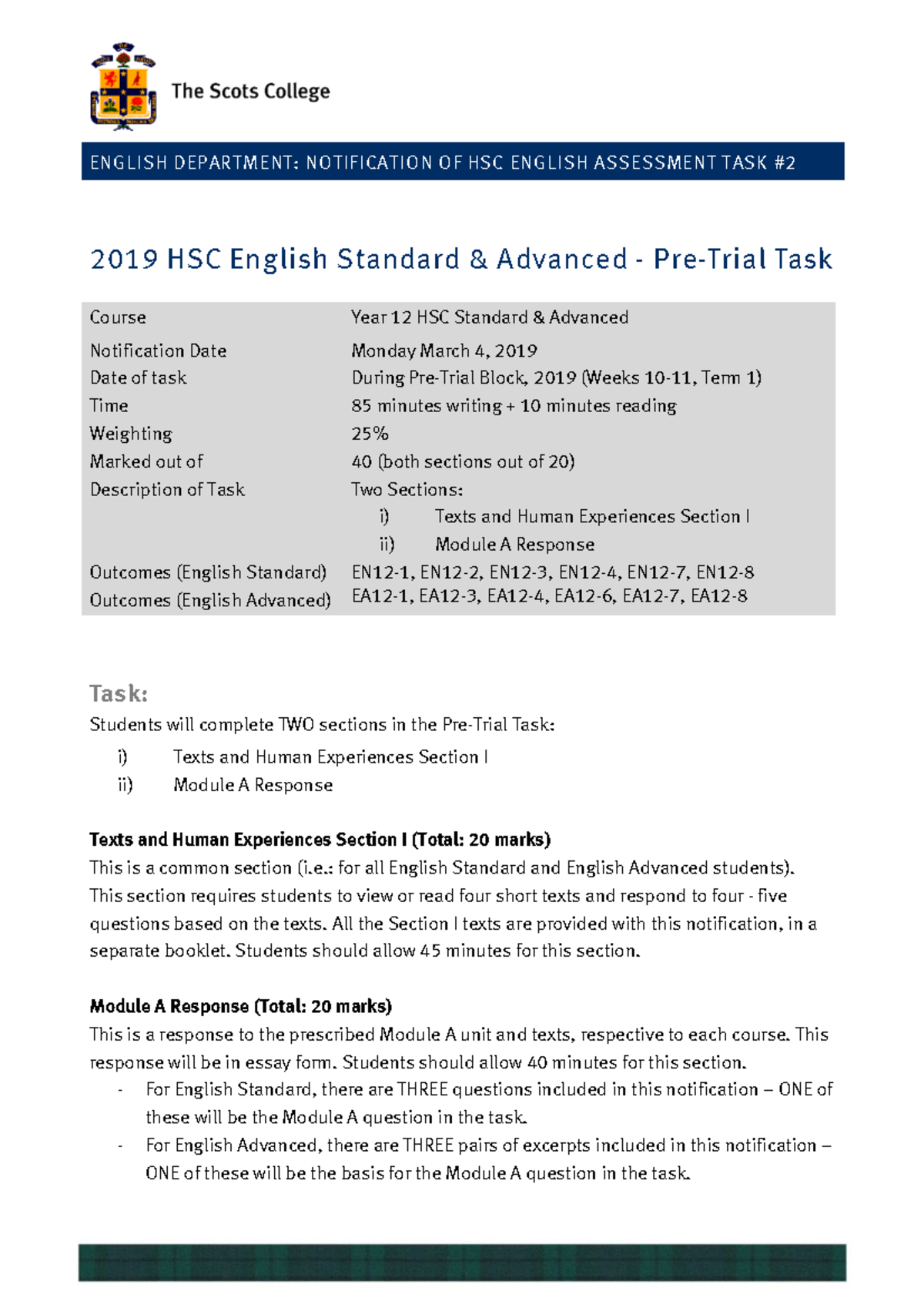 HSC English Standard & Advanced 2019: Assessment Task Notification ...