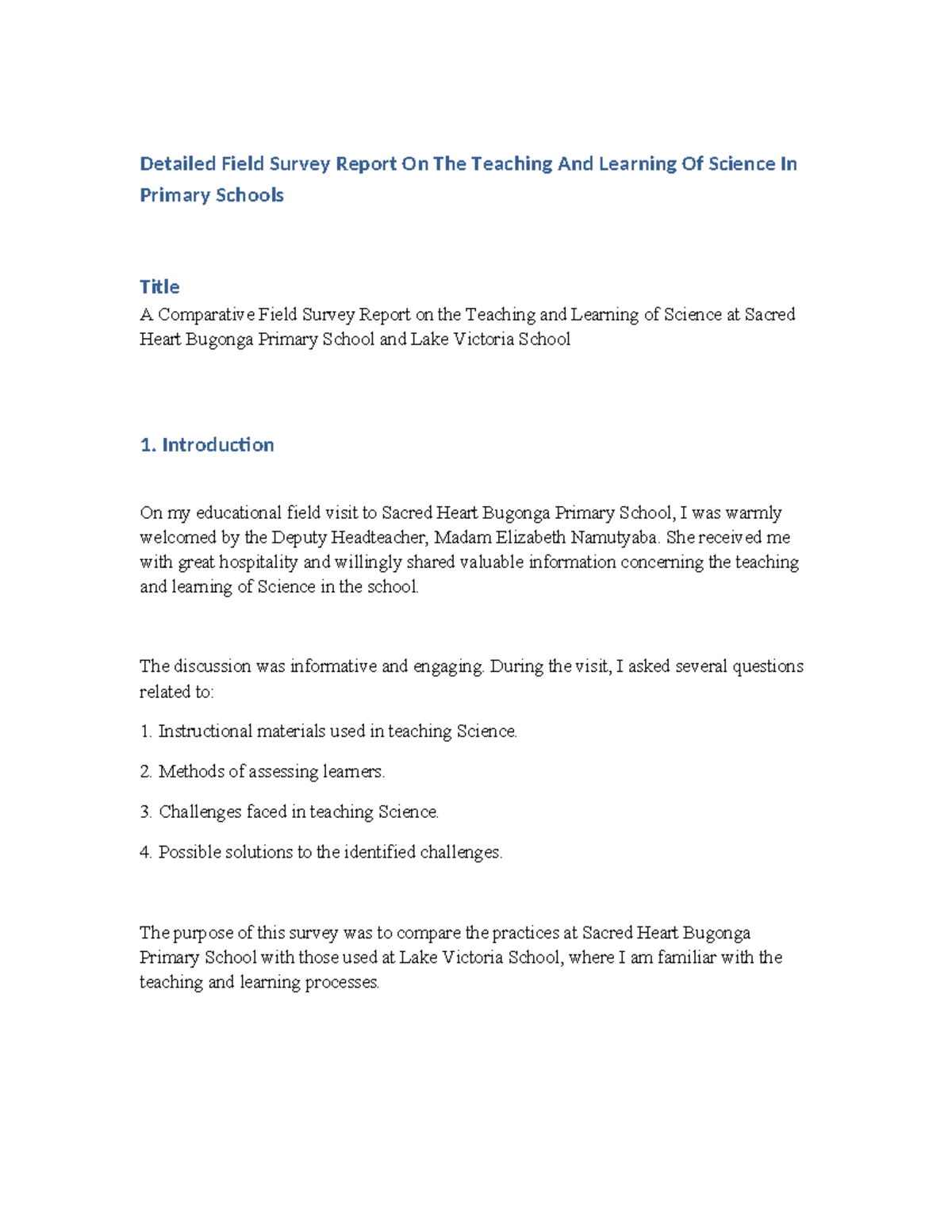 Comparative Field Survey Report on Science Teaching in Primary Schools ...