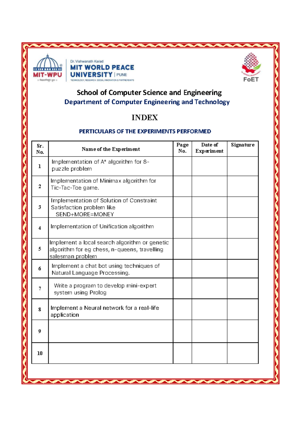AIES Index of Computer Engineering Experiments - Studocu