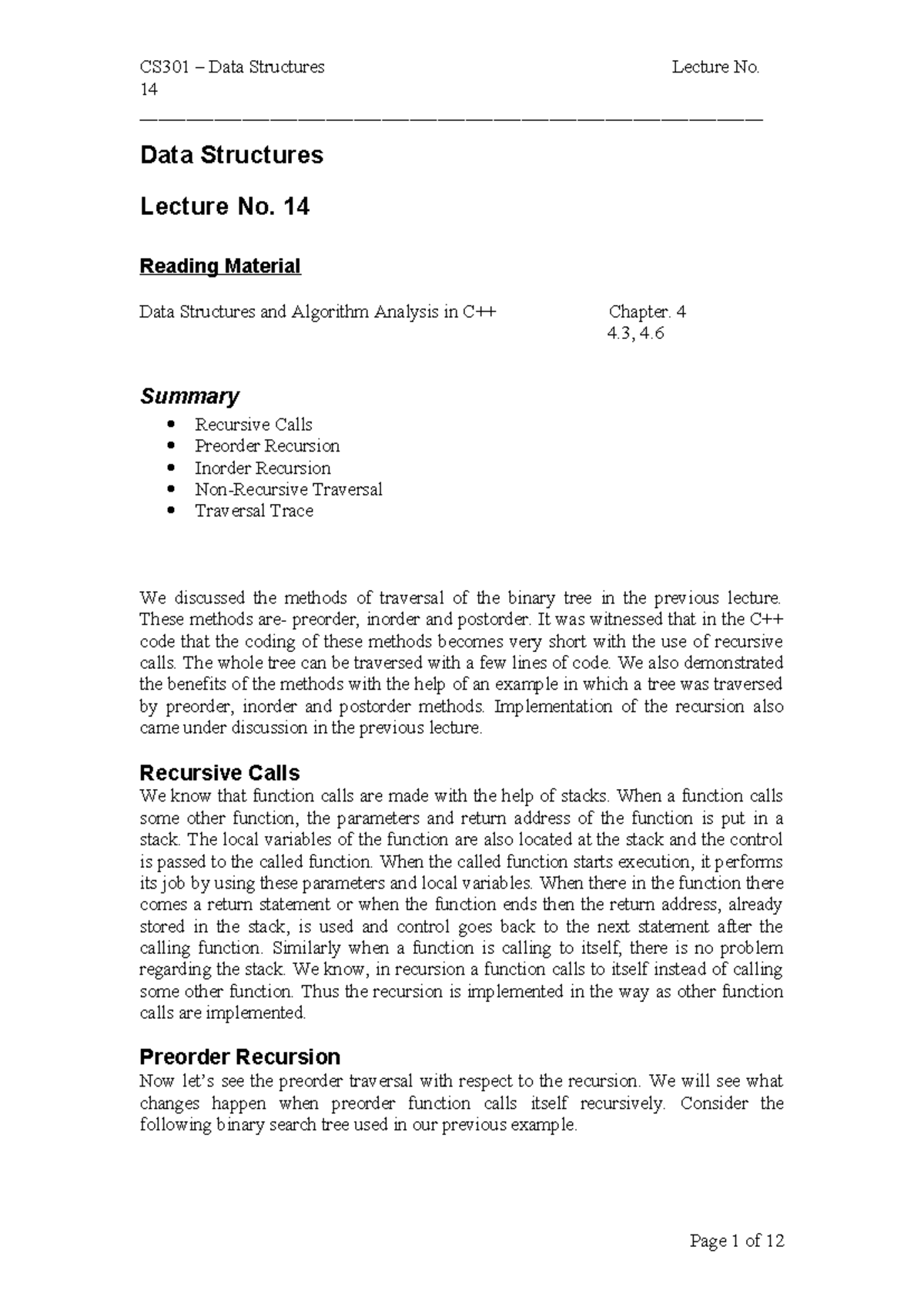CS301 Data Structures Lecture 14: Recursive Traversal Methods - Studocu
