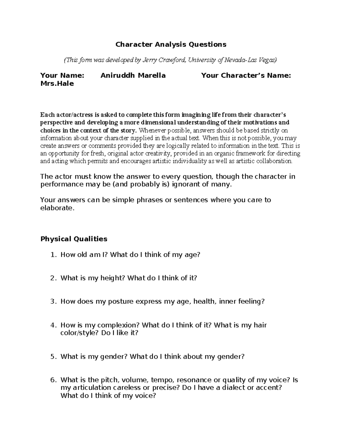 Character Analysis Questions for Acting (Course Code: UVE 101) - Studocu