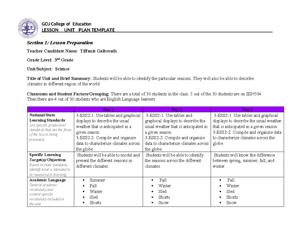 GCU ELM-361 Lesson Unit Plan: Understanding Seasons in 3rd Grade ...