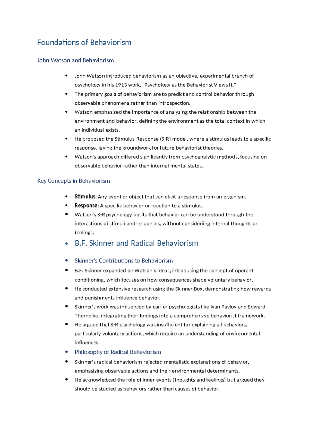 Foundations of Behaviorism: Key Concepts and Theories - Studocu