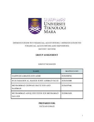 ACC 117 Group Project 1 ( Finished) - ACC 117 - INTRODUCTION TO FINANCIAL ACCOUNTING FACULTY OF ...