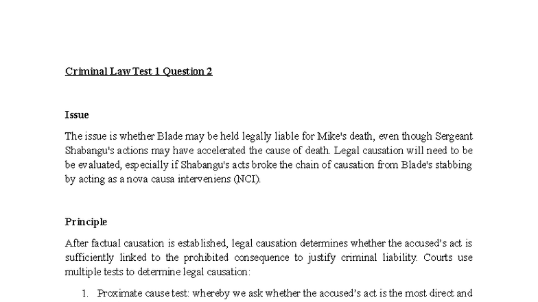 Criminal Law Test 1: Legal Causation and Liability Analysis - Studocu