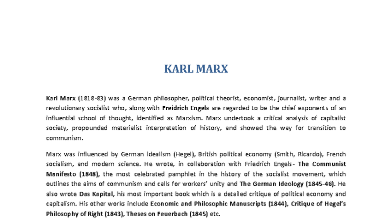 KARL MARX - Comprehensive Study Material for WPP - Studocu