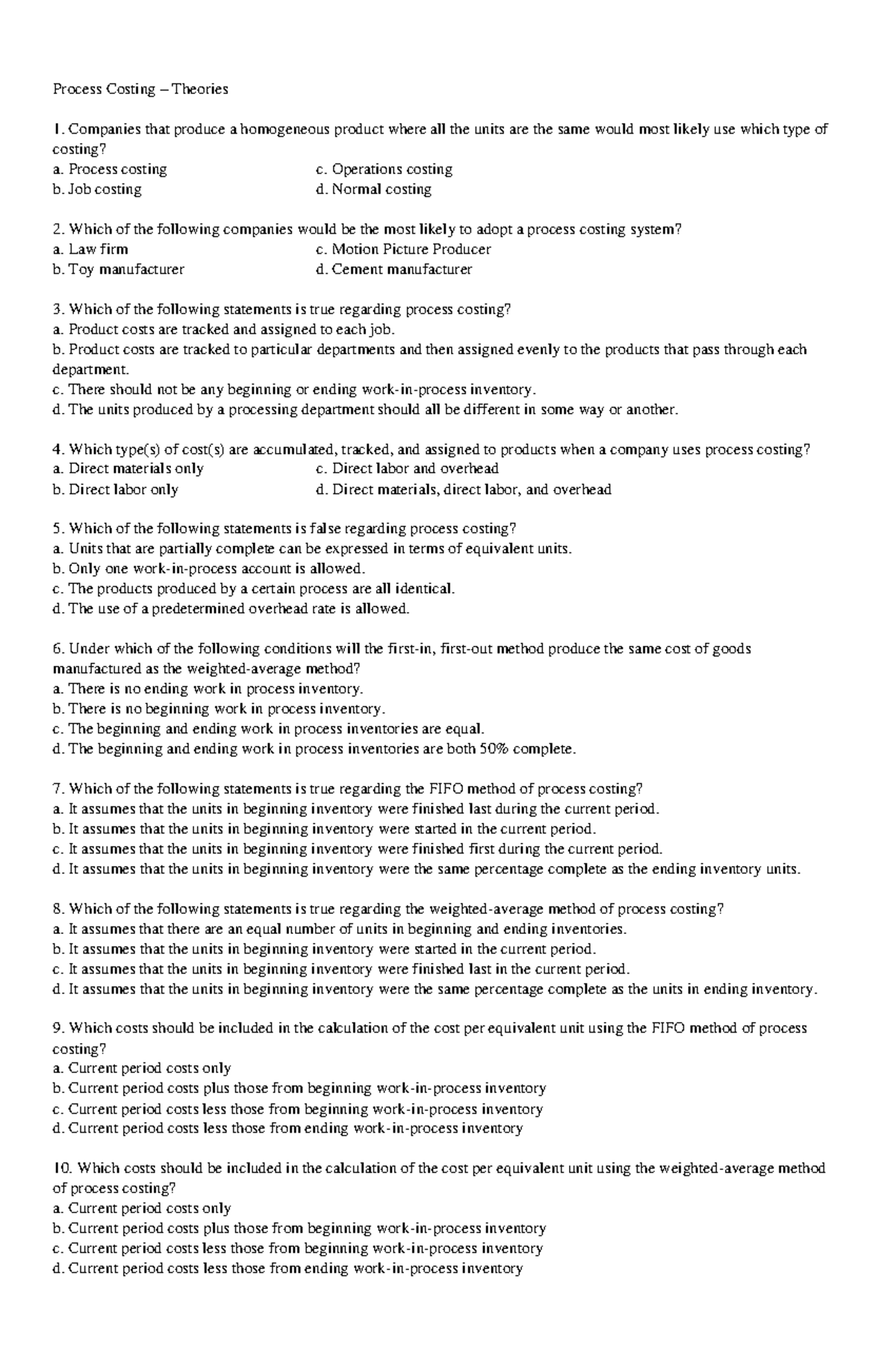 Process Costing - Seatwork Questions and Problems (ACCT101) - Studocu