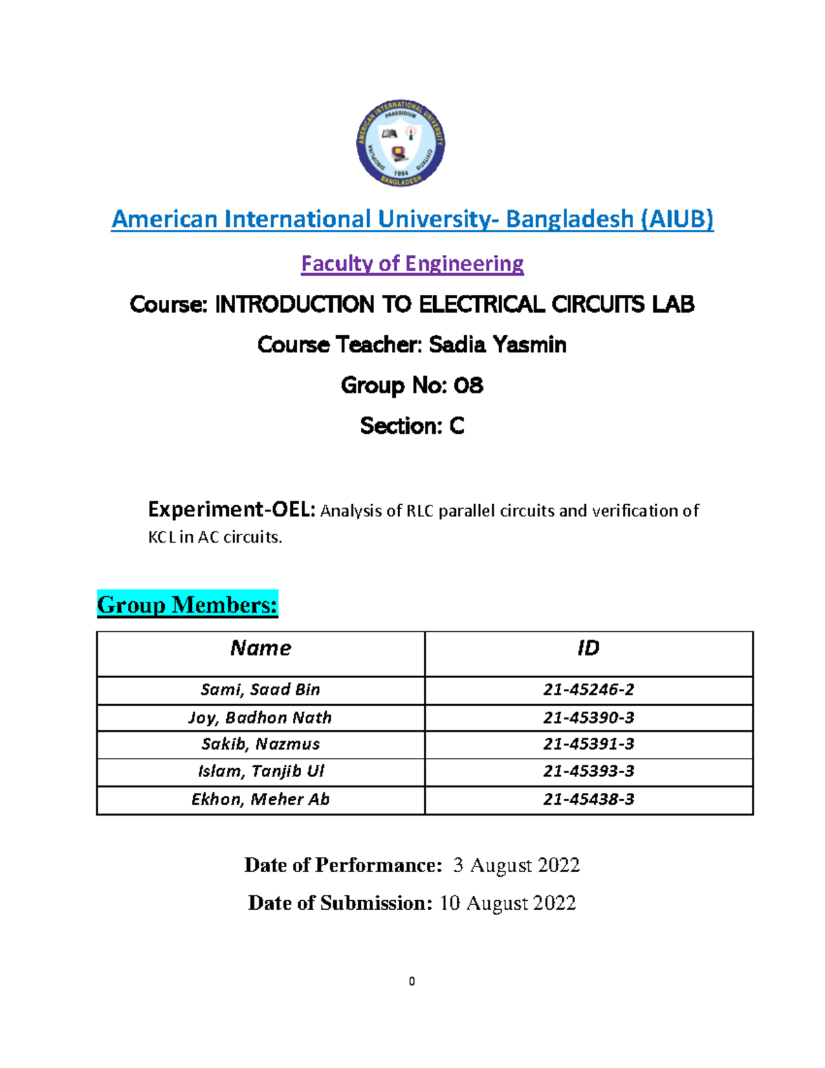 Analysis of RLC Parallel Circuits and KCL Verification - Lab OEL - Studocu