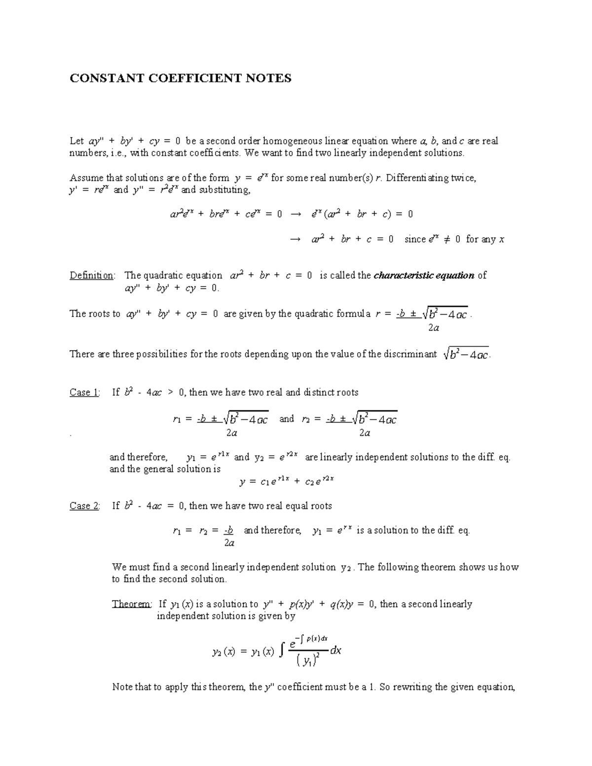 Constant Coefficient Differential Equations Notes (MATH 201) - Studocu