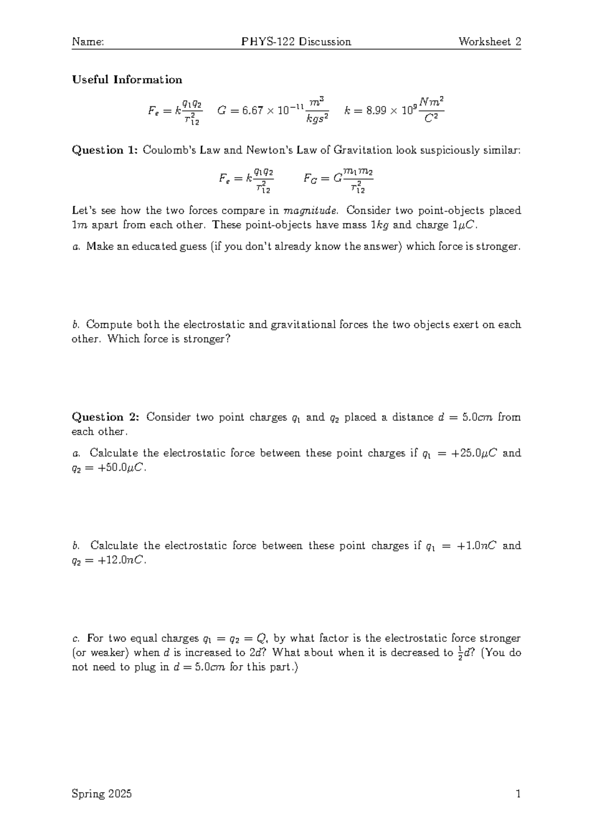 Discussion Worksheet 2: Comparing Electrostatic & Gravitational Forces ...