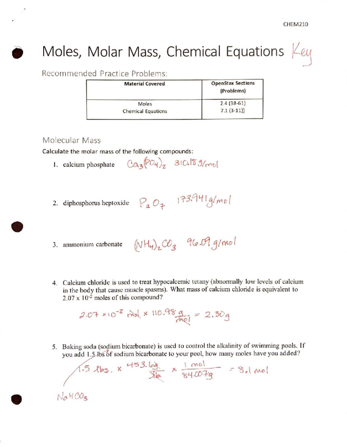 Practice Problems on Moles and Molar Mass - Studocu
