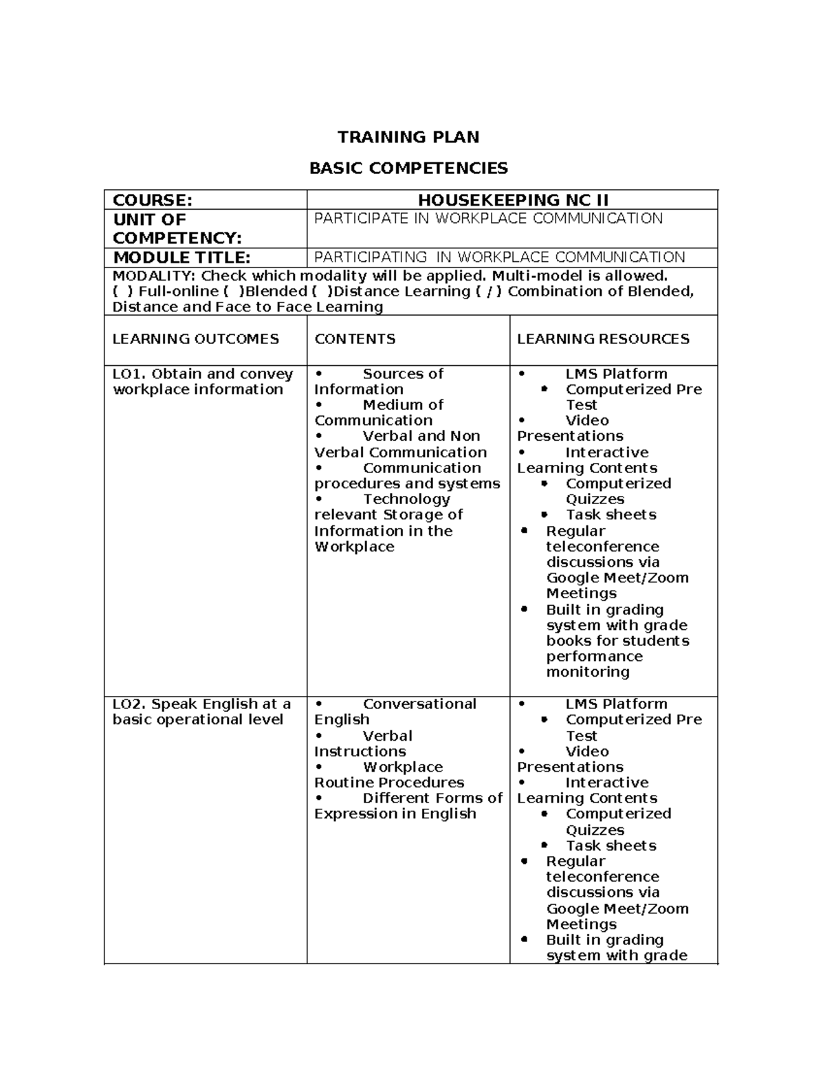 Training Plan for Basic Competencies: Housekeeping NC II - Studocu