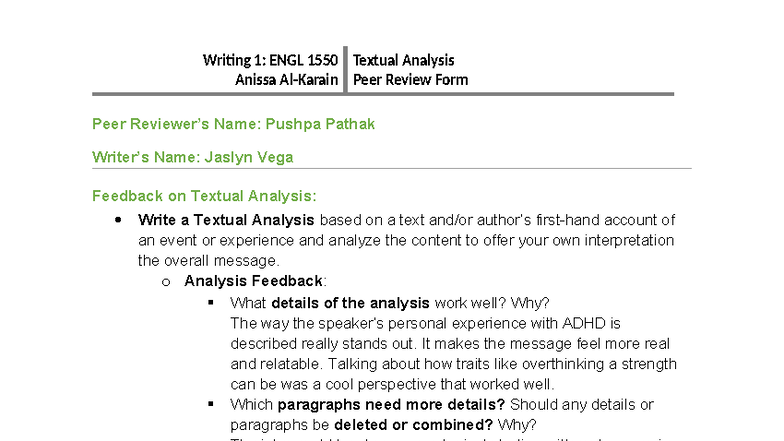 Textual Analysis Peer Review Form: ENGL 1550 Feedback by Jaslyn Vega ...