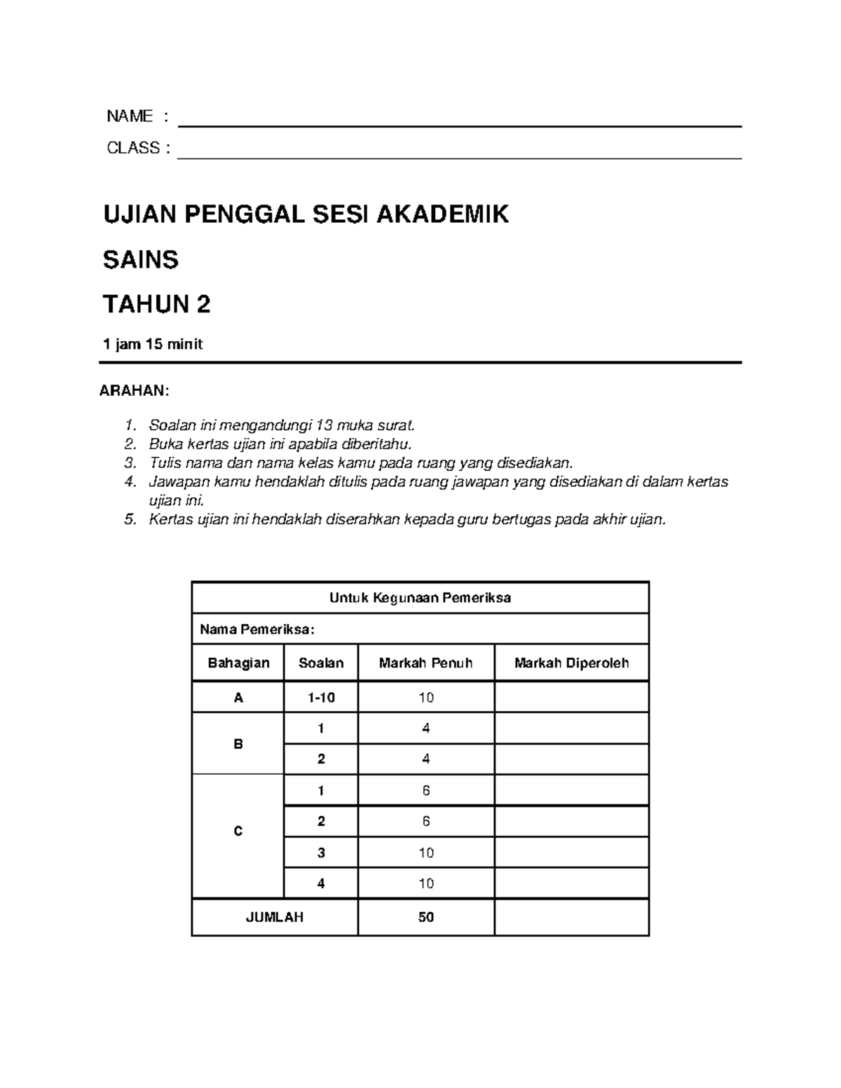 UPSA Sains Tahun 2 - Ujian Penggal 1 Jam 15 Minit - Studocu