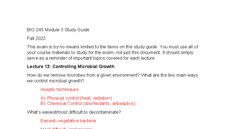 BIO 245 Module 3 Study Guide: Microbial Control & Antimicrobials - Studocu