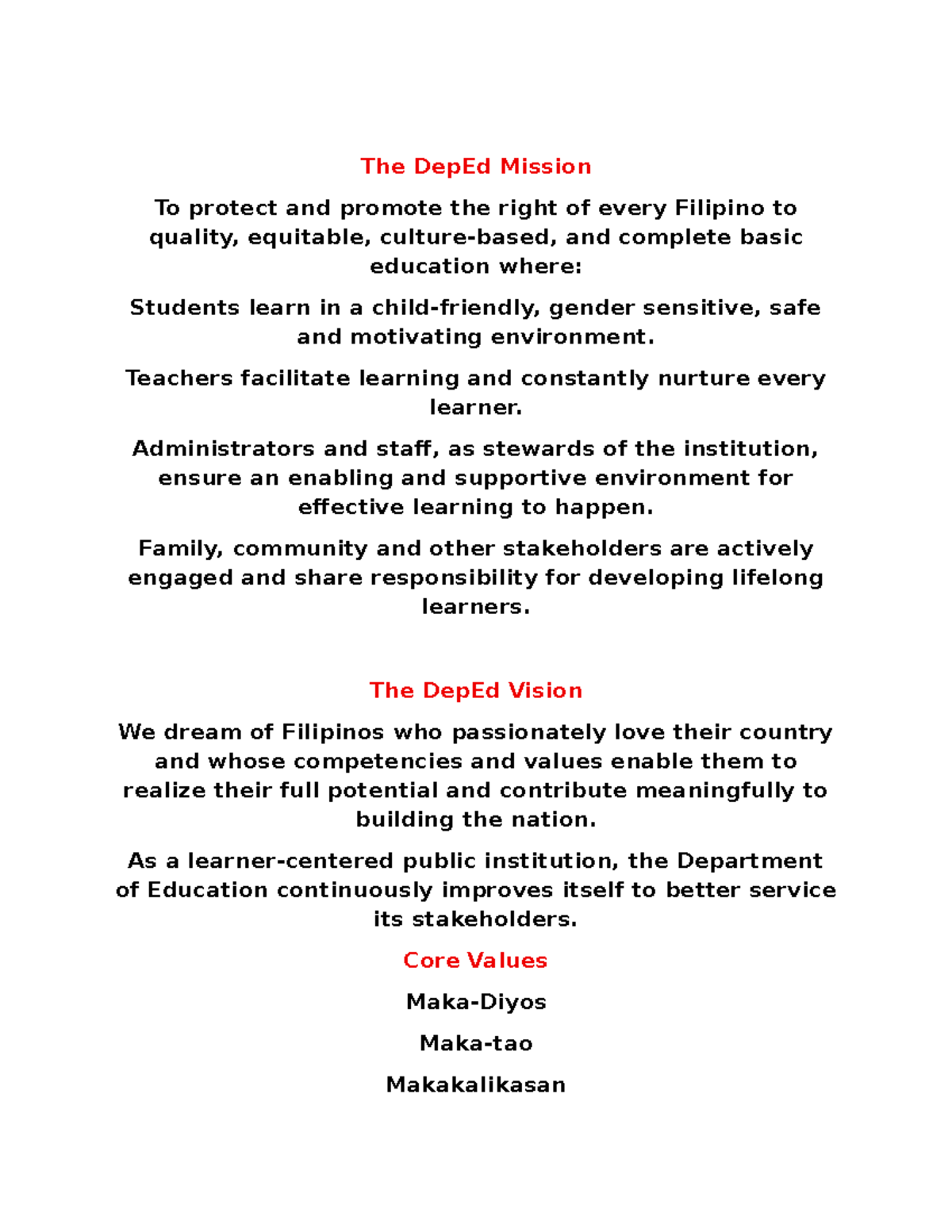 DepEd Mission & Vision Review: Quality Education for All - Studocu