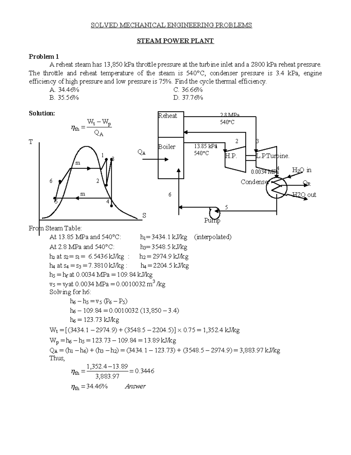 Mechanical Engineering Problems - Steam Power Plant Solutions - Studocu