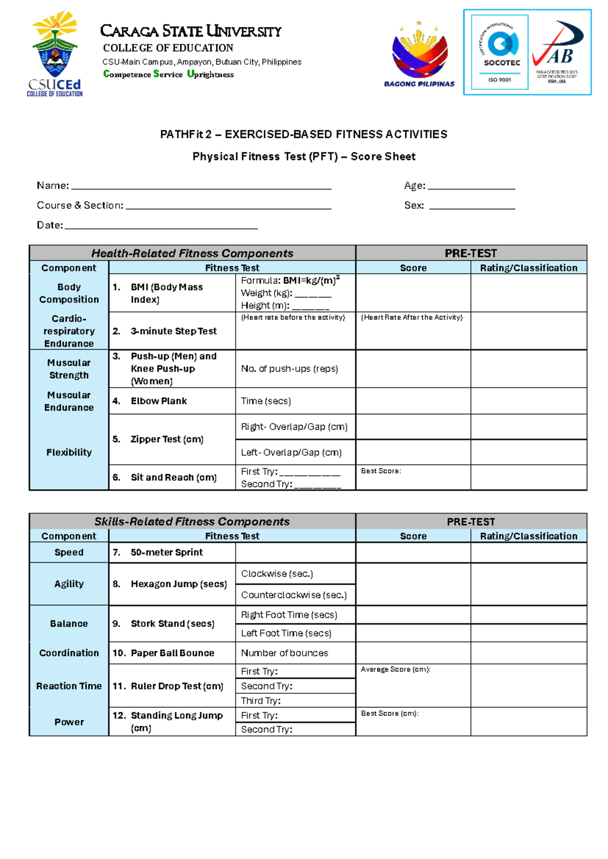 Fitness Test Score Sheet for PATHFit 2 Activities - Studocu