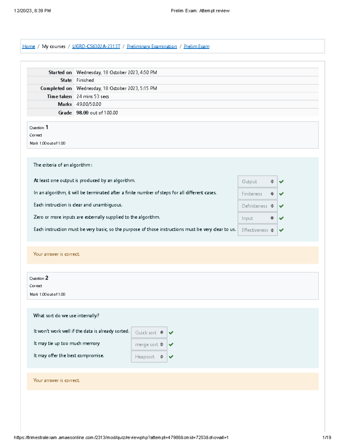 Prelim Exam - UGRD-CS6302A-2313T: Algorithms and Complexity Review - Studocu