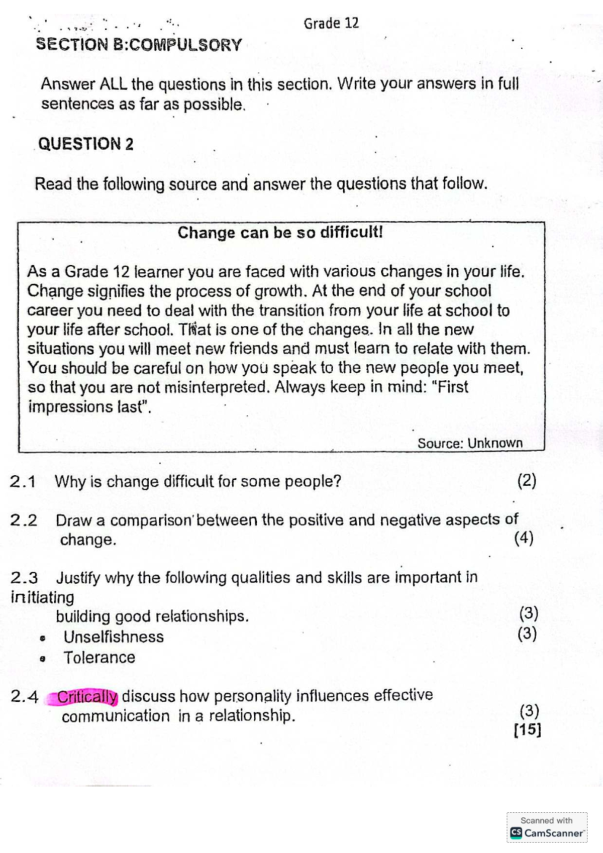 Grade 12 Compulsory Section B: Understanding Change and Relationships ...