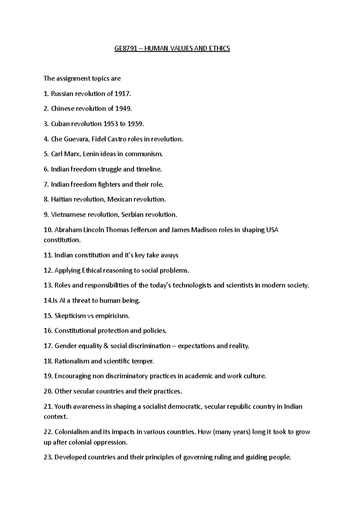 GE8791 - Human Values & Ethics: Seminar Topics Overview - Studocu