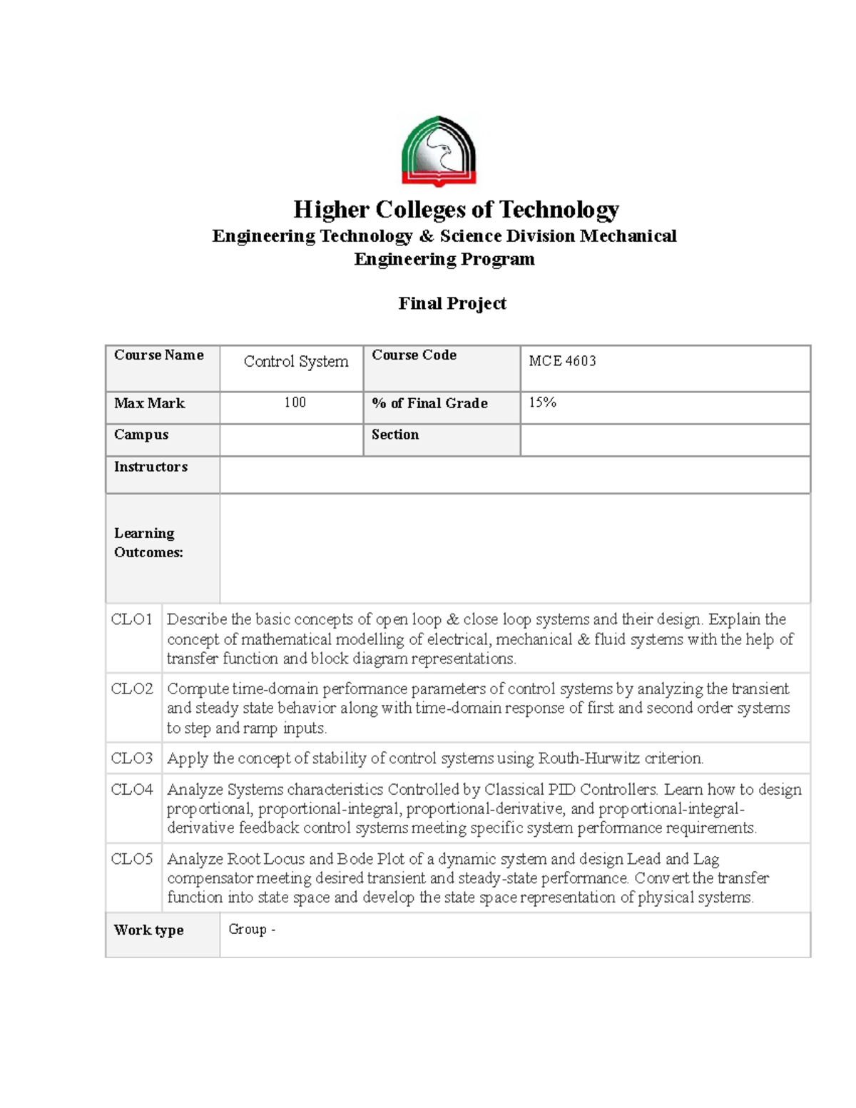 Final Project Template MCE 4603 - Control systems - UET Lahore - Studocu