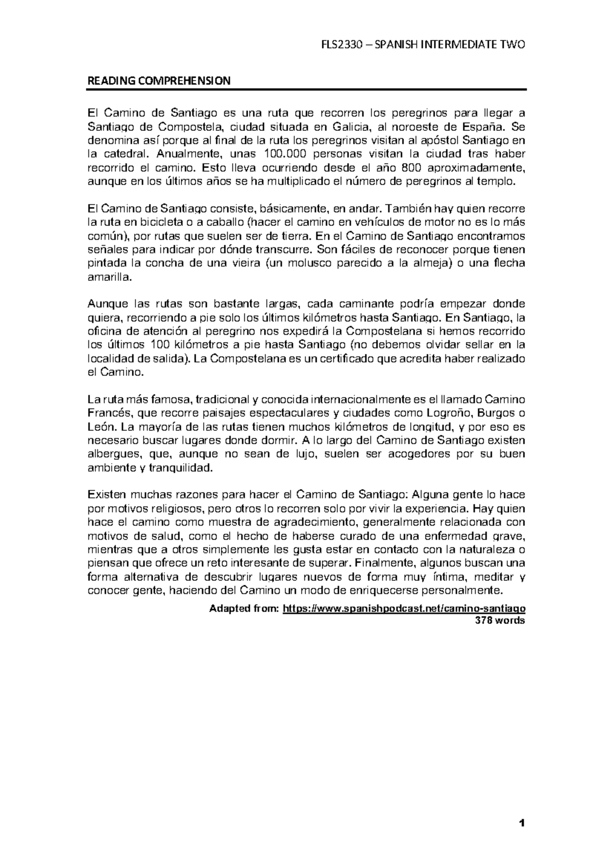 Reading Comprehension 1 - FLS2330 – SPANISH INTERMEDIATE TWO 1 READING ...