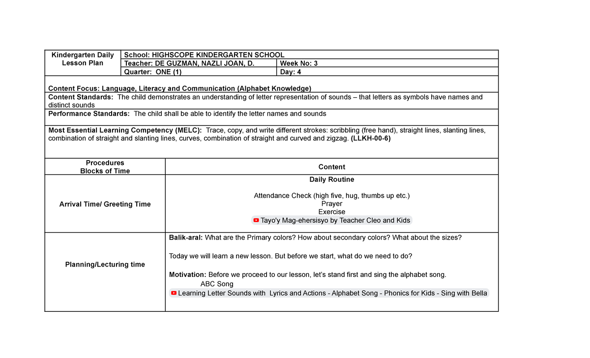 Semi Detailed Lesson Plan For Kindergarten Alphabet - Infoupdate.org