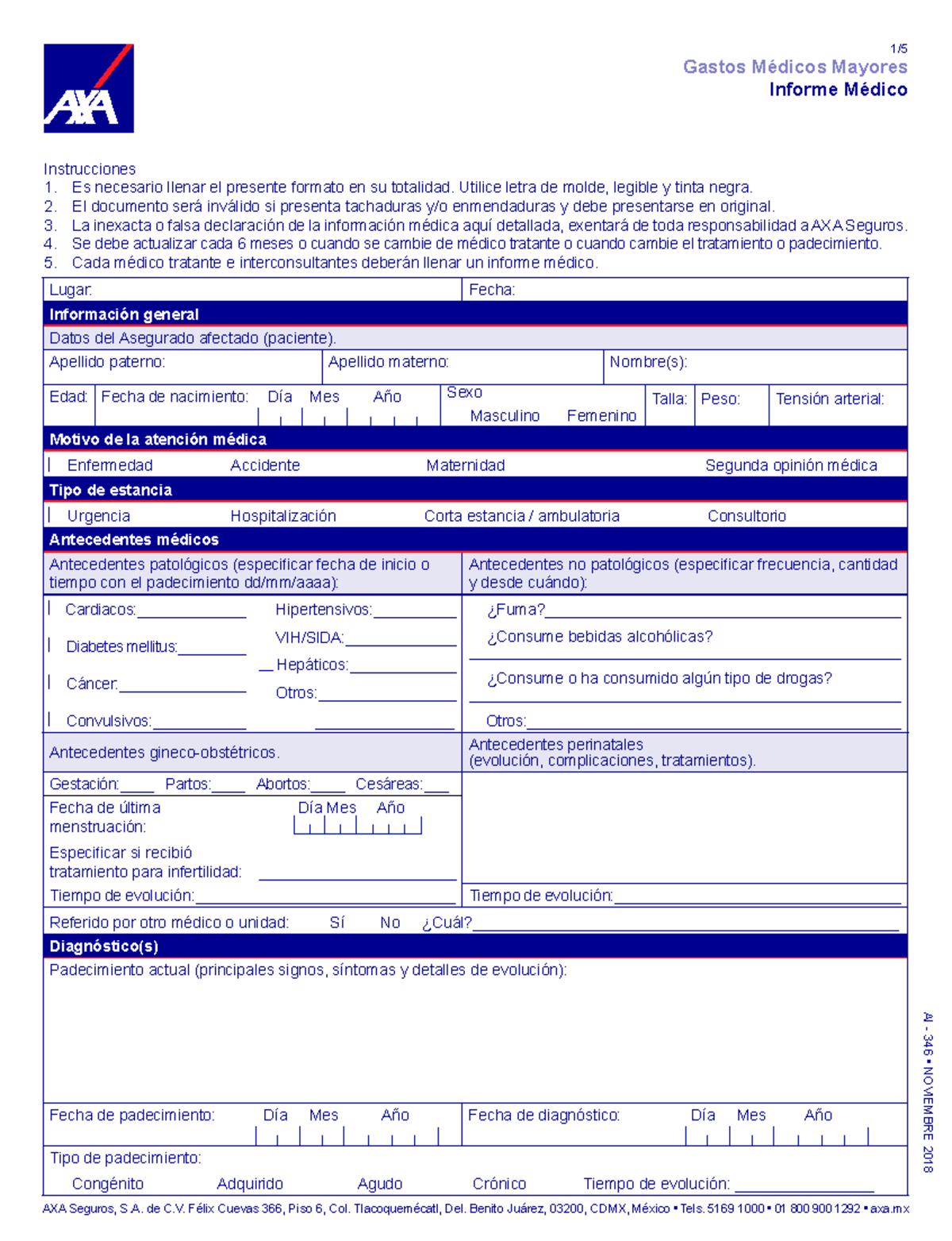 GMM Formato Informe Medico AXA - AI - 346 • NOVIEMBRE 2018 Gastos ...