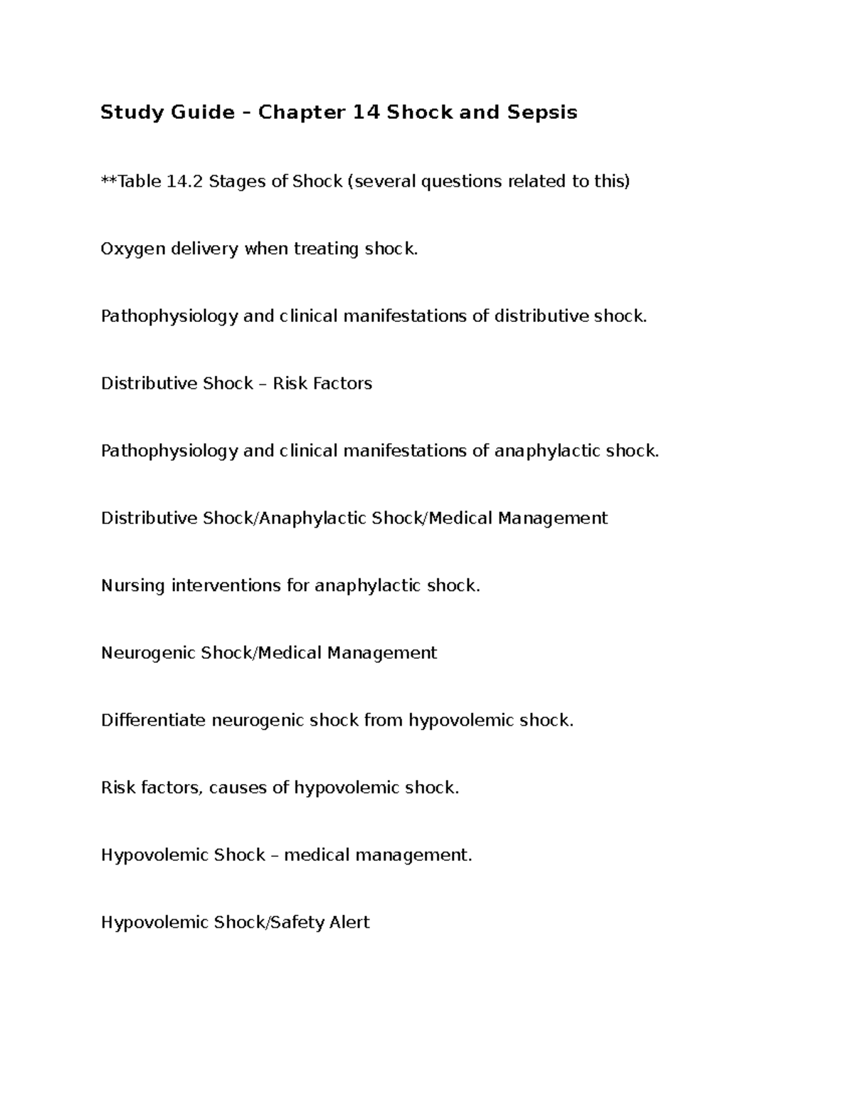 Study Guide CH 14: Shock & Sepsis - Stages, Management & Interventions ...