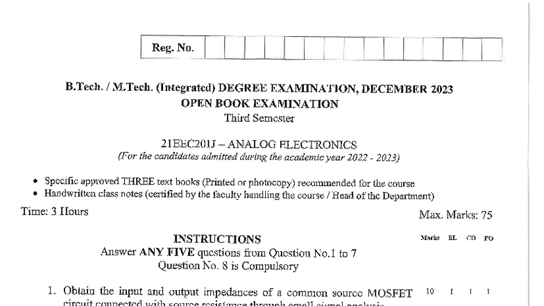 21EEC201J Analog Electronics Exam Questions - Dec 2023 - Studocu