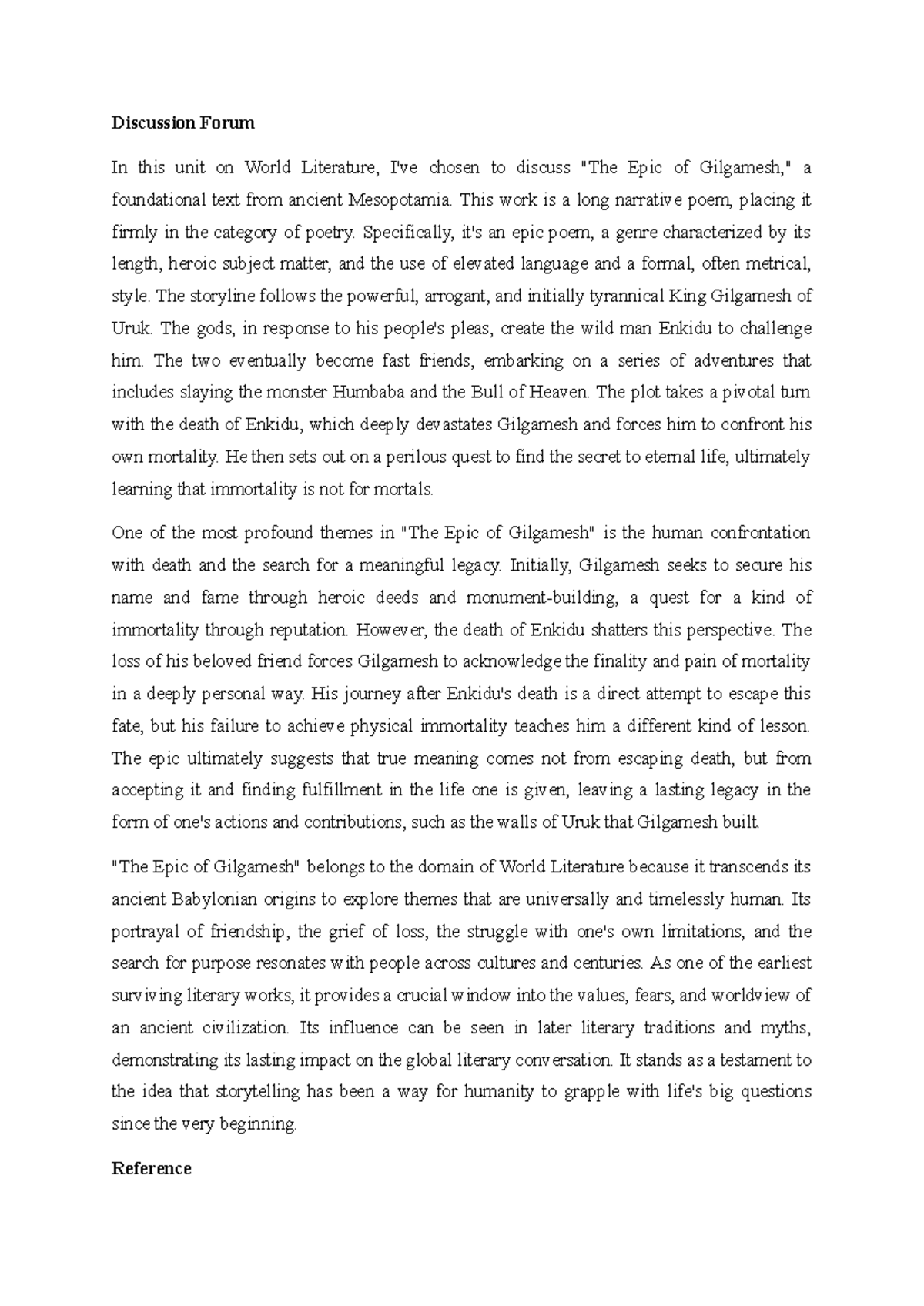 Discussion Forum 1: Analyzing the Epic of Gilgamesh in World Literature ...