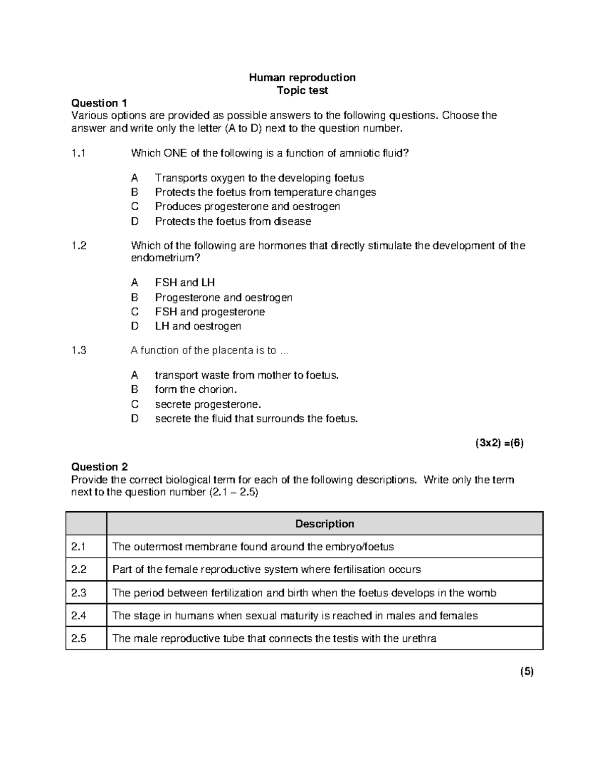 Human Reproduction Topic Test (Final Exam) - Studocu