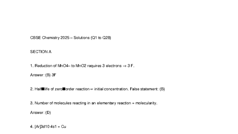 CBSE Chemistry 2025 Solutions: Q1 to Q28 Detailed Answers - Studocu