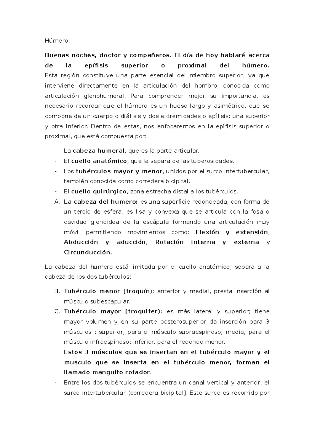 Epífisis Superior del Húmero: Anatomía y Funciones - Studocu