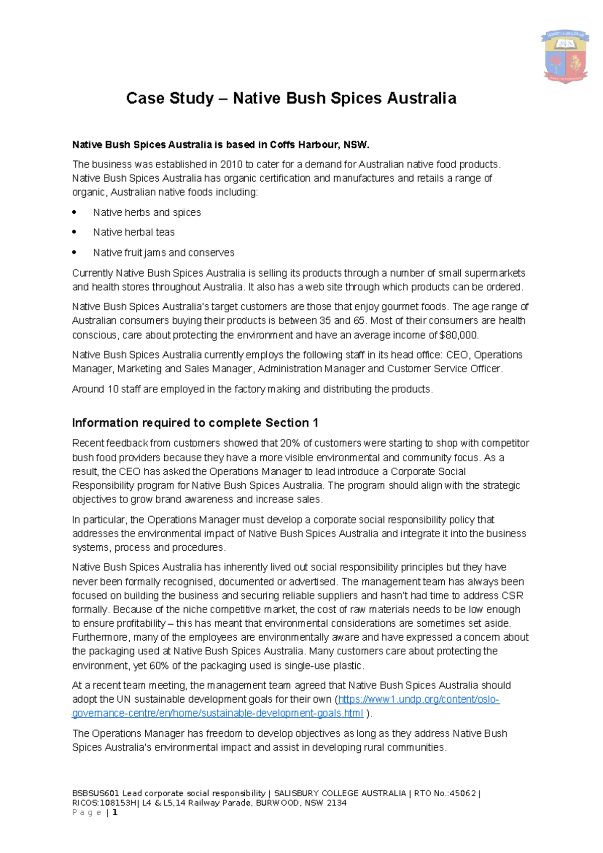BSBSUS601 Case Study: Corporate Social Responsibility at Native Bush ...