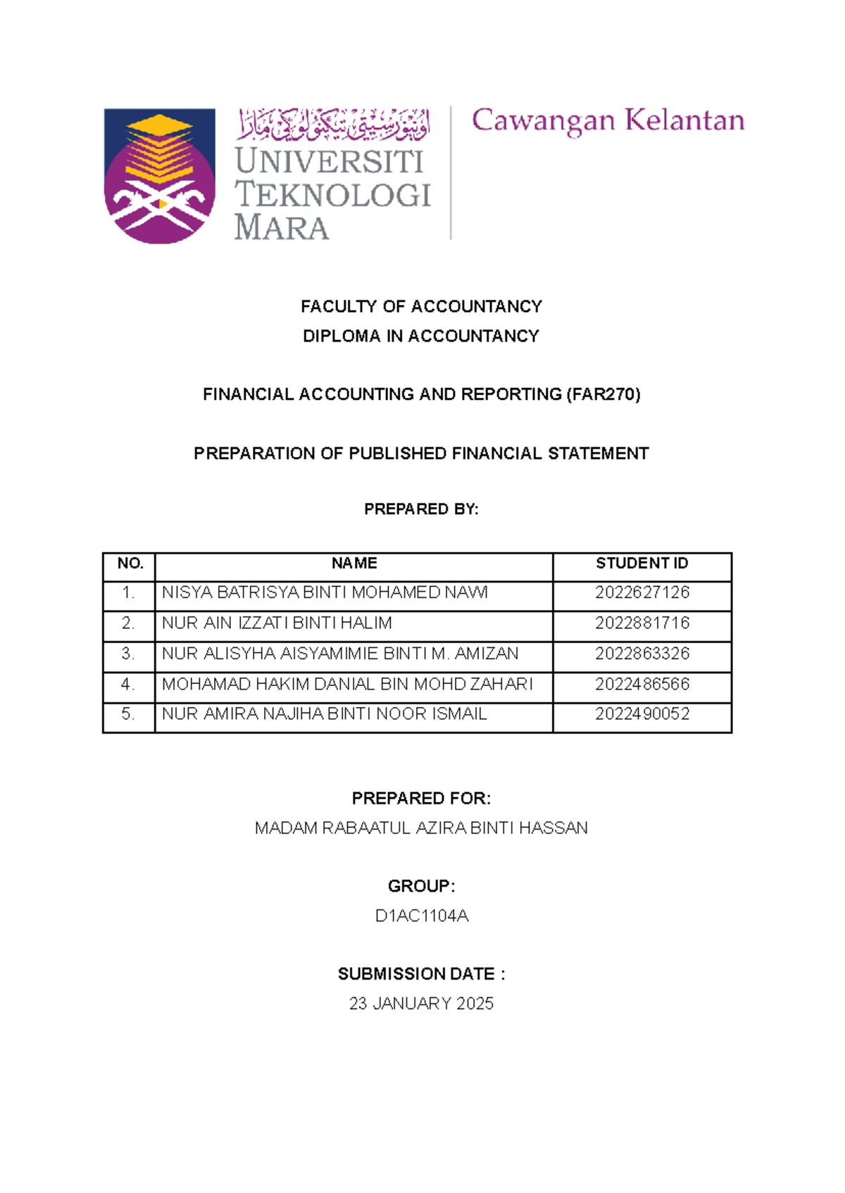 FAR270 - Group Assignment Example: Financial Statement Preparation ...