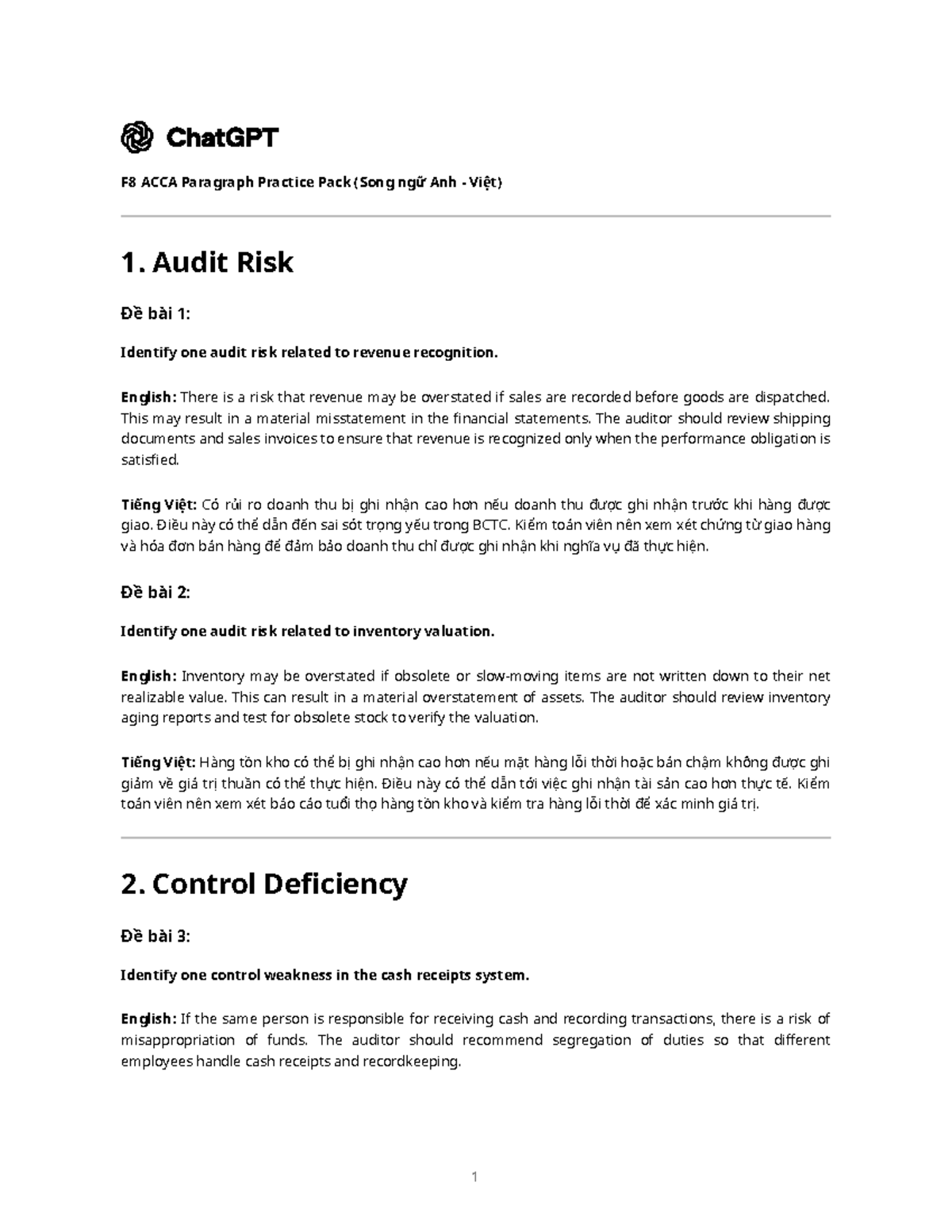F8 ACCA Audit Risks & Control Deficiencies Practice Pack (Song ngữ Anh ...