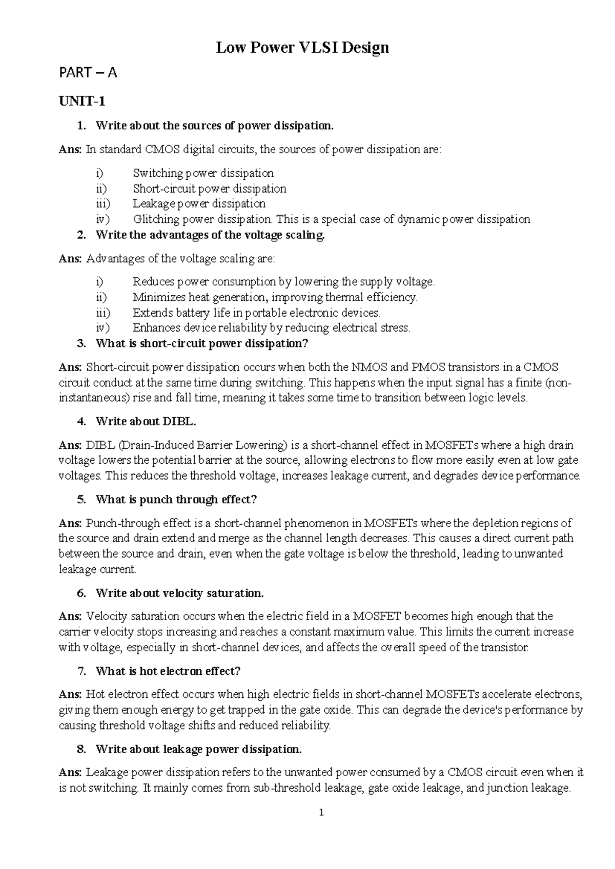 Low Power VLSI Design (LPVLSID) - Key Concepts and Question Bank - Studocu