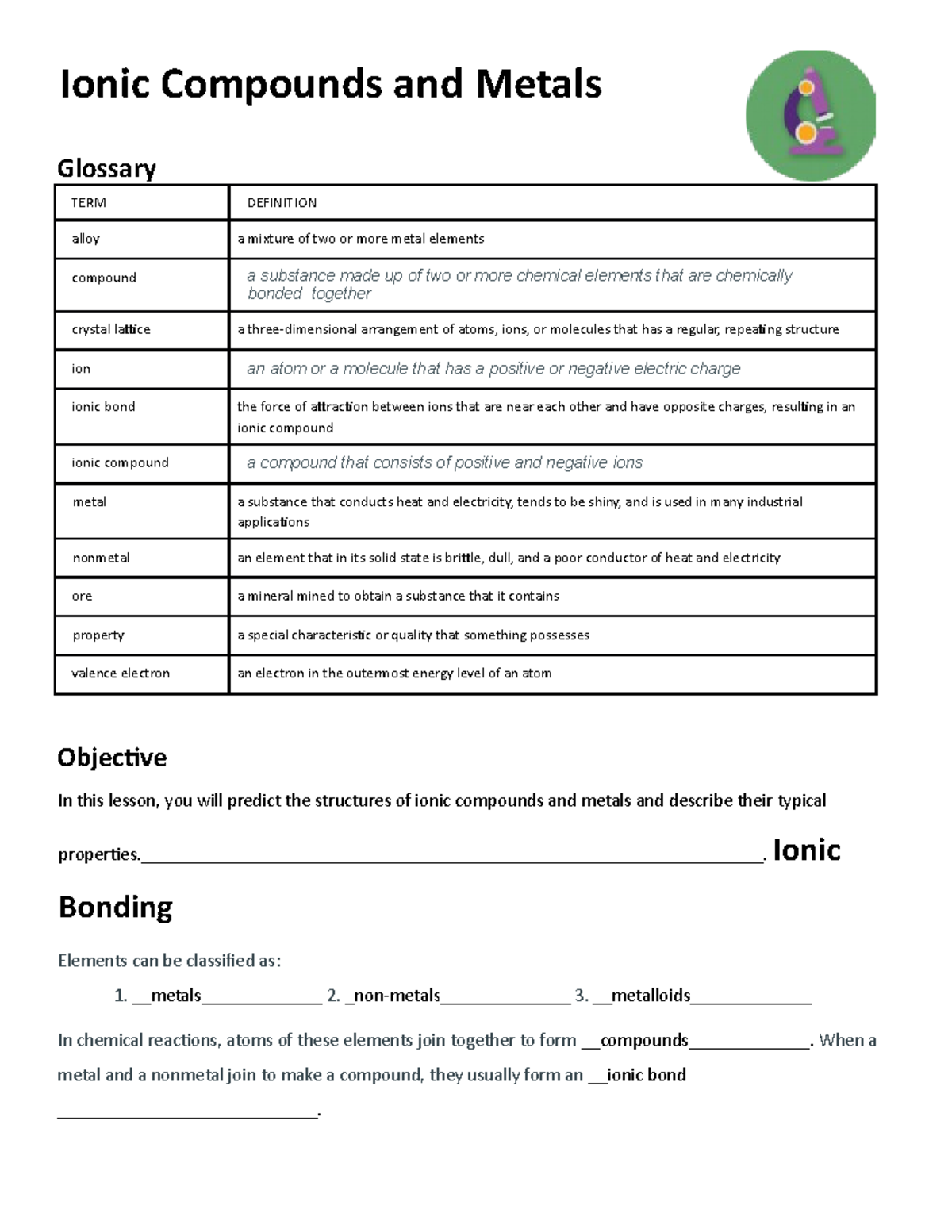 Guided Notes on Ionic Compounds & Metallic Bonding Concepts - Studocu