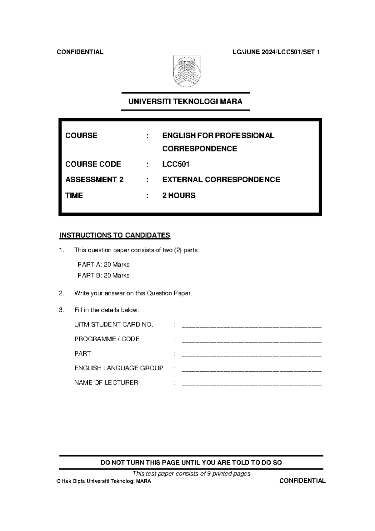 LCC501: External Correspondence Assessment Practice Guide - Studocu