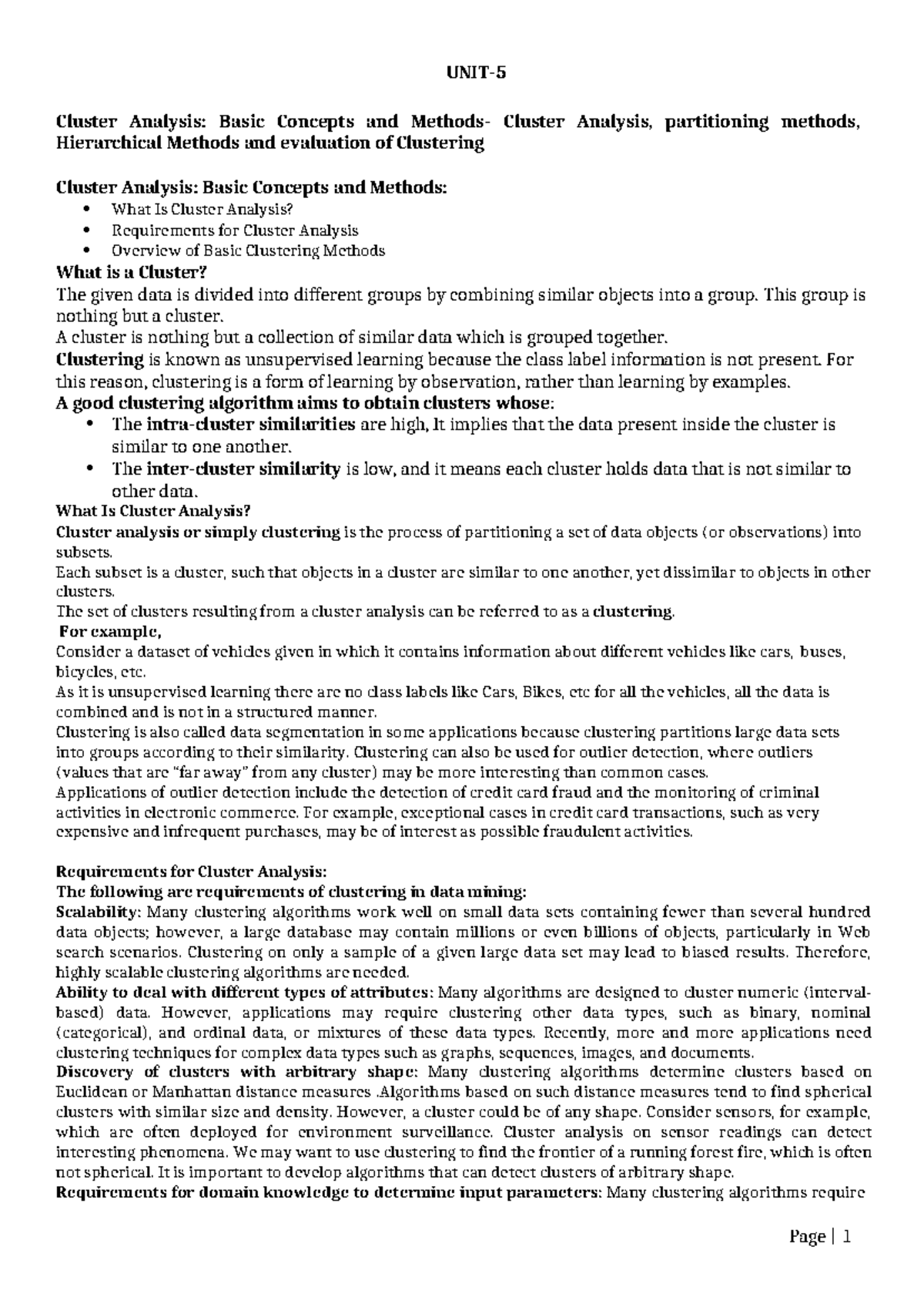 Cluster Analysis: Concepts, Methods, and Evaluation (CS101) - Studocu