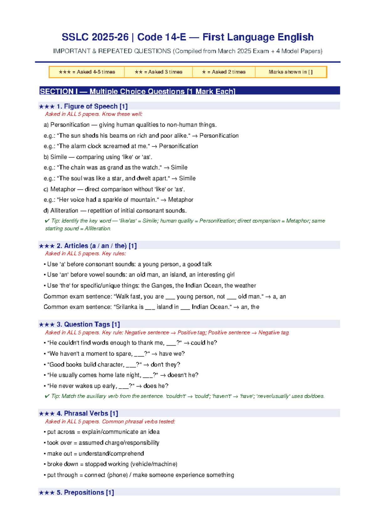 SSLC 14E Important Repeated Questions for English Exam Preparation ...