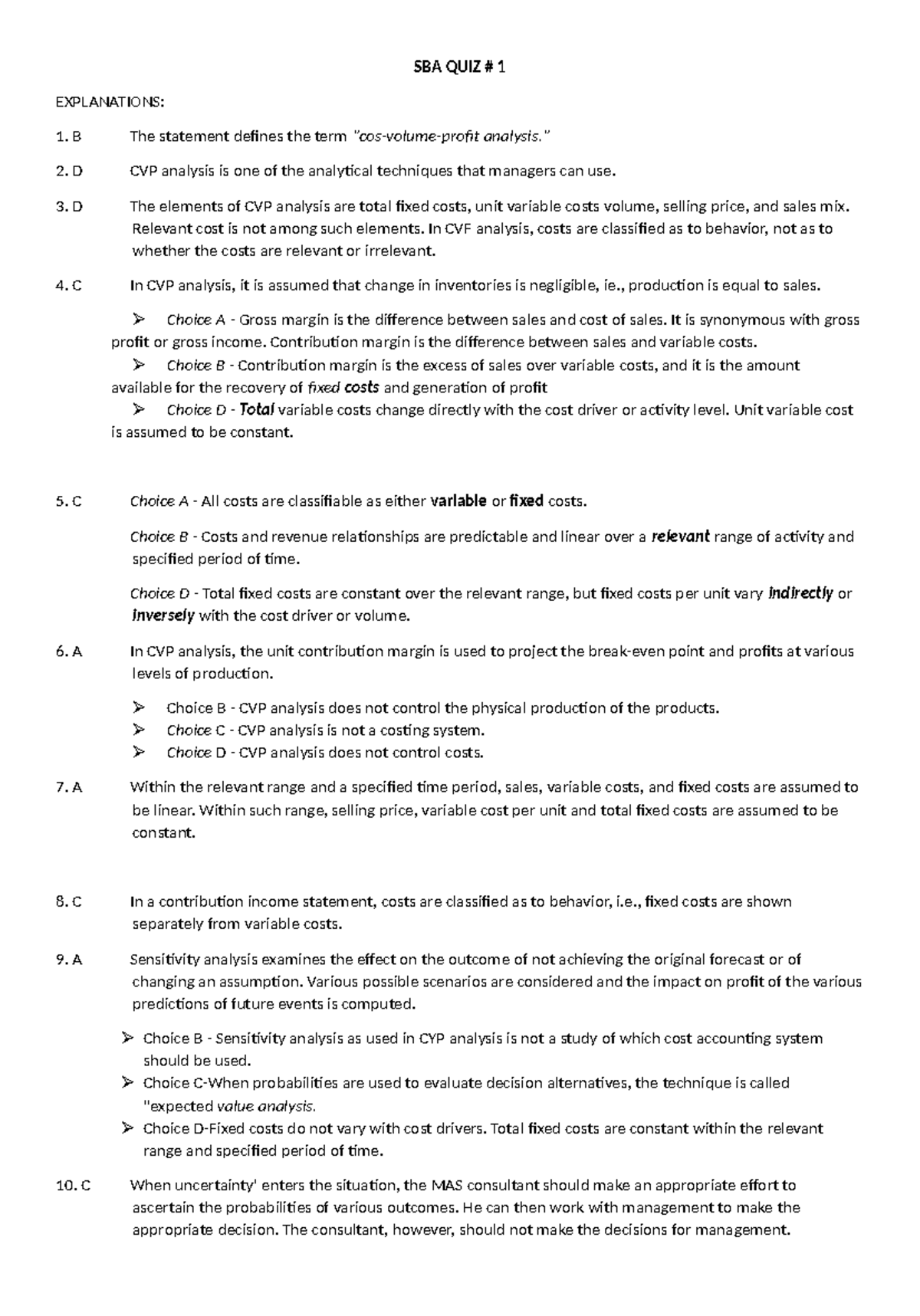 SBA QUIZ 1 Answers and Explanations on CVP Analysis - Studocu